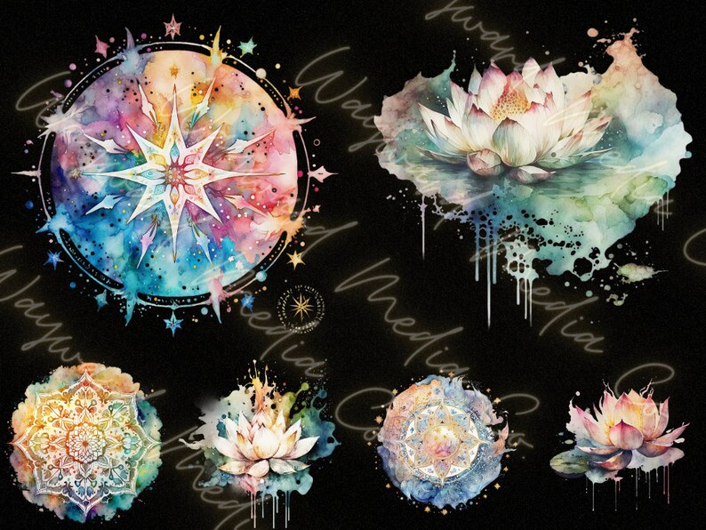 Watercolor Metaphysical Clip Art Bundle, Lotus, Hamsa Hand, Unalome ...