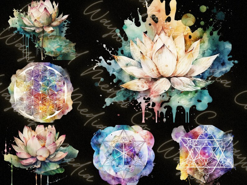 Watercolor Metaphysical Clip Art Bundle, Lotus, Hamsa Hand, Unalome ...