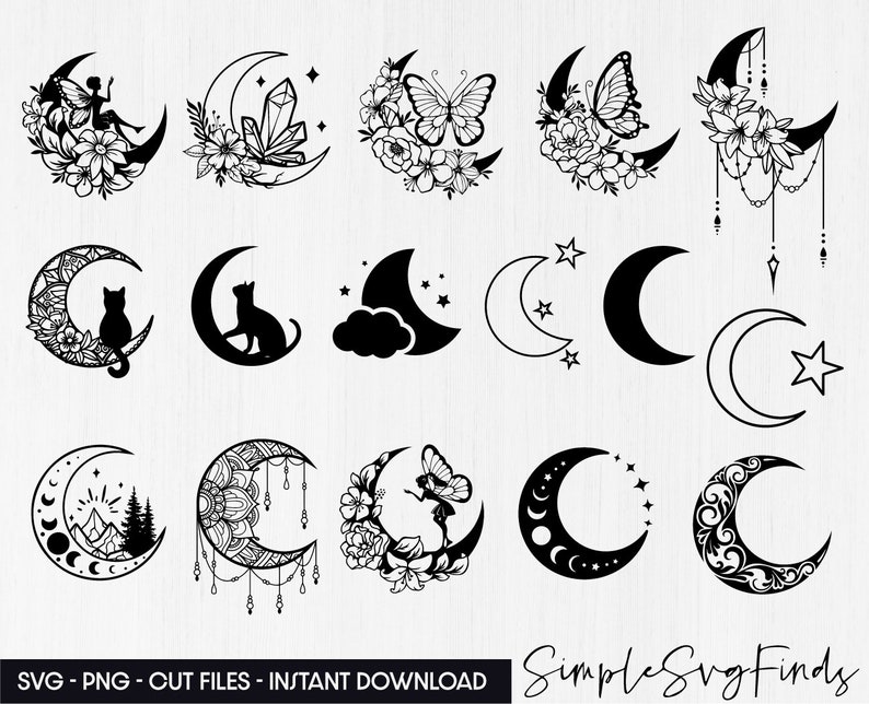 Crescent Moon Svg Floral Bundle Crescent Moon Svg Celestial Etsy