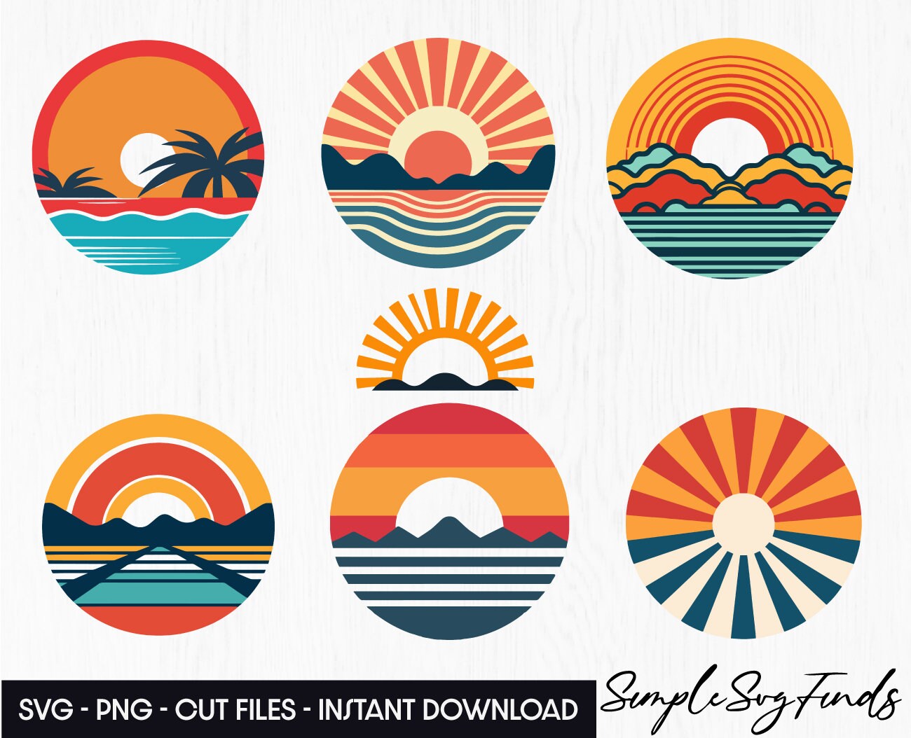 Vintage Sunset Svg, Png, Retro Sun Clipart Svg, Half Sun Svg, Beach ...