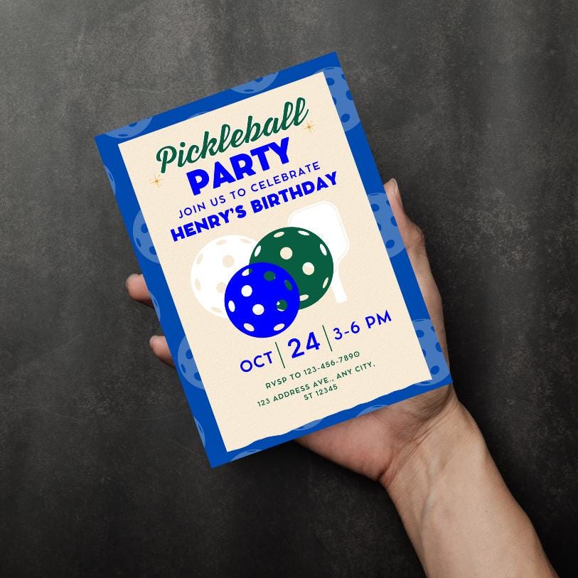 Pickleball Party Editable Invitation Modern Print Blue and Green Colors ...