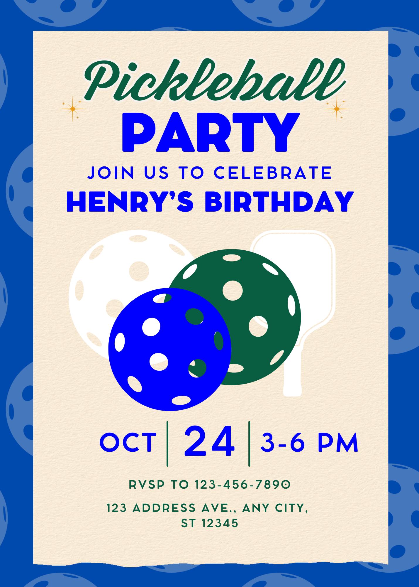 Pickleball Party Editable Invitation Modern Print Blue and Green Colors ...