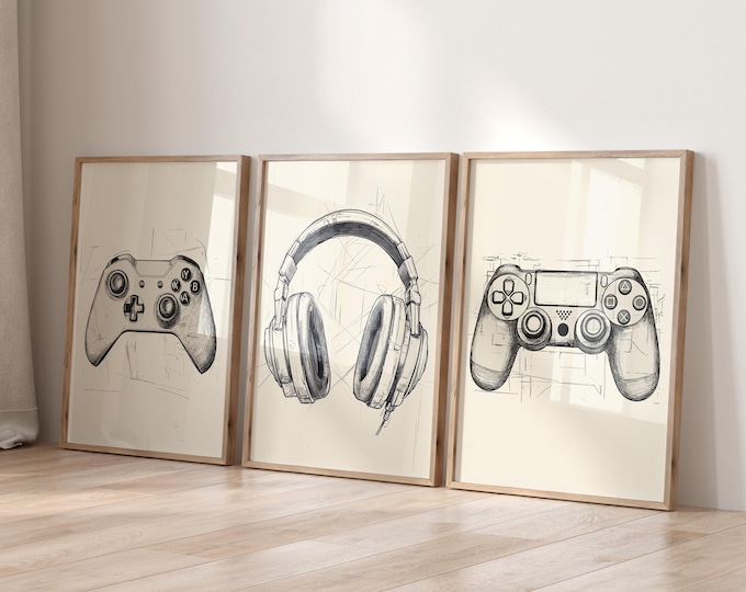 Blueprint Gaming Wall Art Prints, Set of 3 Sketched Gaming Prints ...