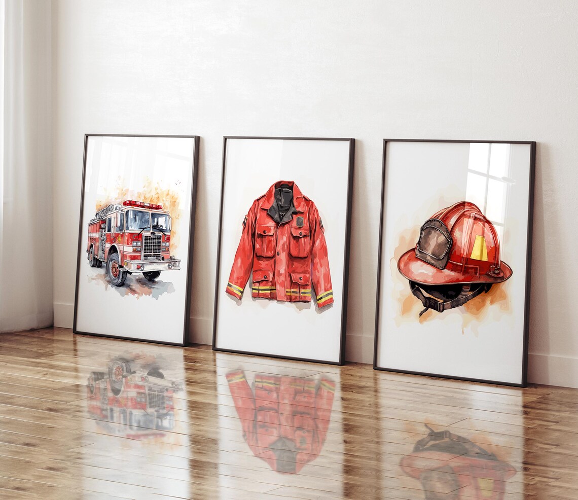 Set of 6 Fire Engine Prints, Fire Station Nursery Decor, Watercolor ...