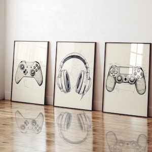 Blueprint Gaming Wall Art Prints, Set of 3 Sketched Gaming Prints ...