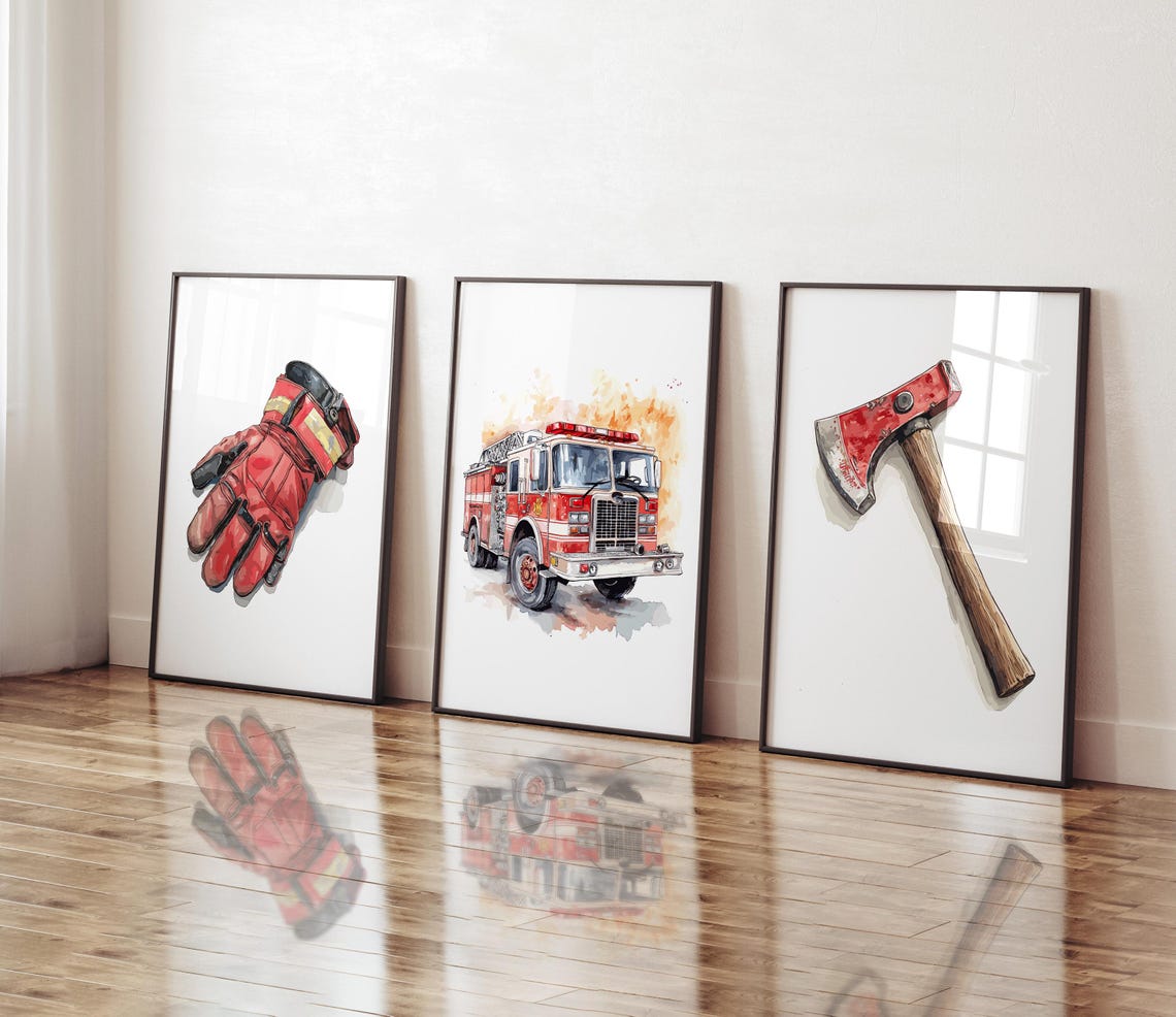 Set of 6 Fire Engine Prints, Fire Station Nursery Decor, Watercolor ...