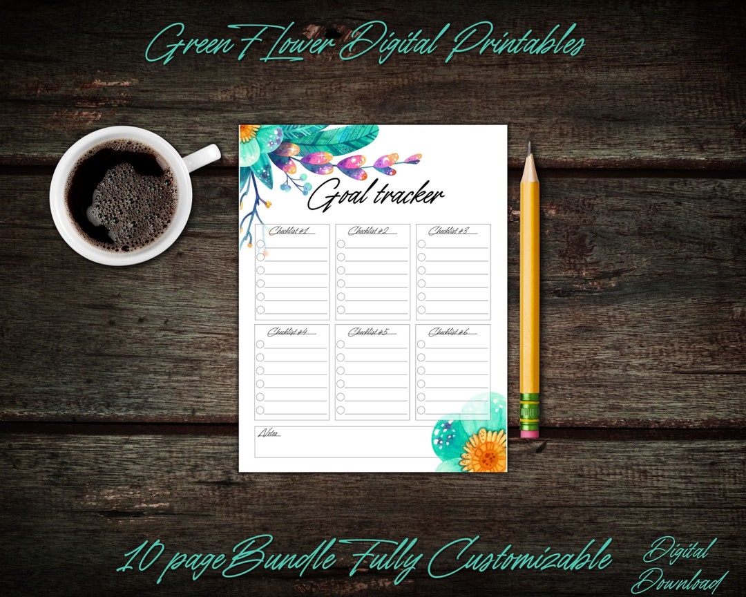 Green Flower Printable Bundle || Goals Checklist || Fully Customizable ...