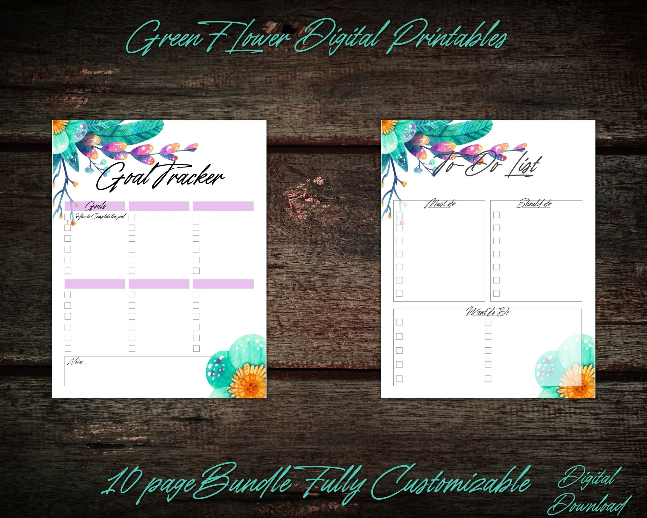 Green Flower Printable Bundle || Goals Checklist || Fully Customizable ...