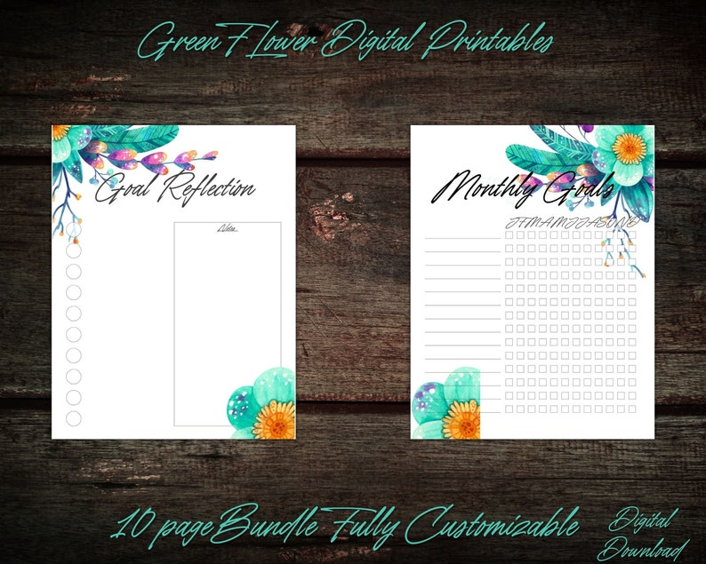 Green Flower Printable Bundle || Goals Checklist || Fully Customizable ...