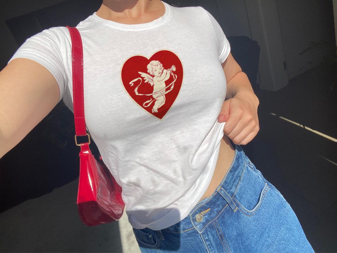 Cupid in Red Heart Women's Baby Tee, Vintage Retro Coquette Design, Y2K ...