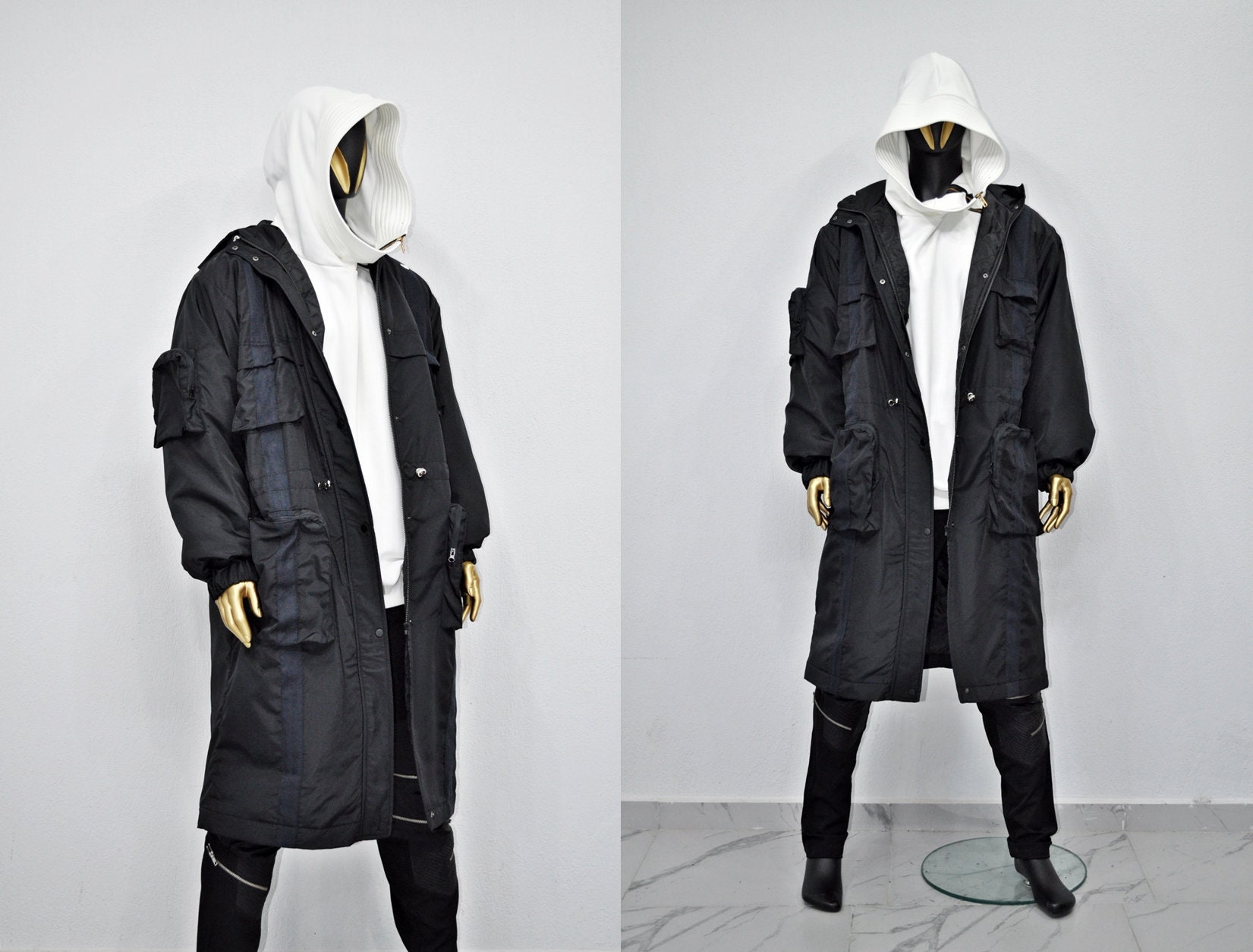 XS-8XL Dark Long Windbreaker Loose Jacket, Over the Knee Hooded Big ...