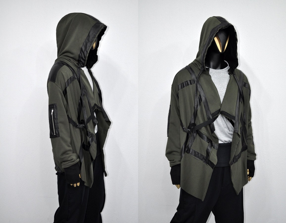 XS-8XL Leather Trim Creed Giant Hood Asymetrical Dust Shawl Cardigan ...