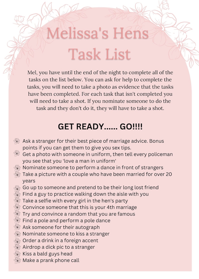 Minimal Hens Task List Template, Bachelorette Task List, Hens Game ...