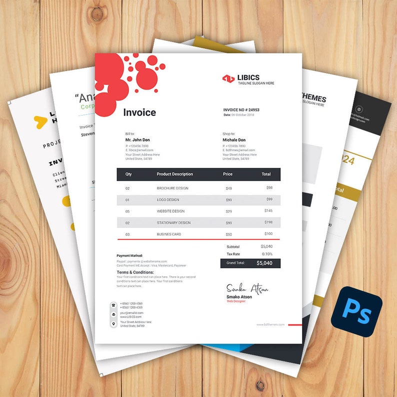 5 Editable Modern & Professional Invoices 5 Photoshop Files - Etsy