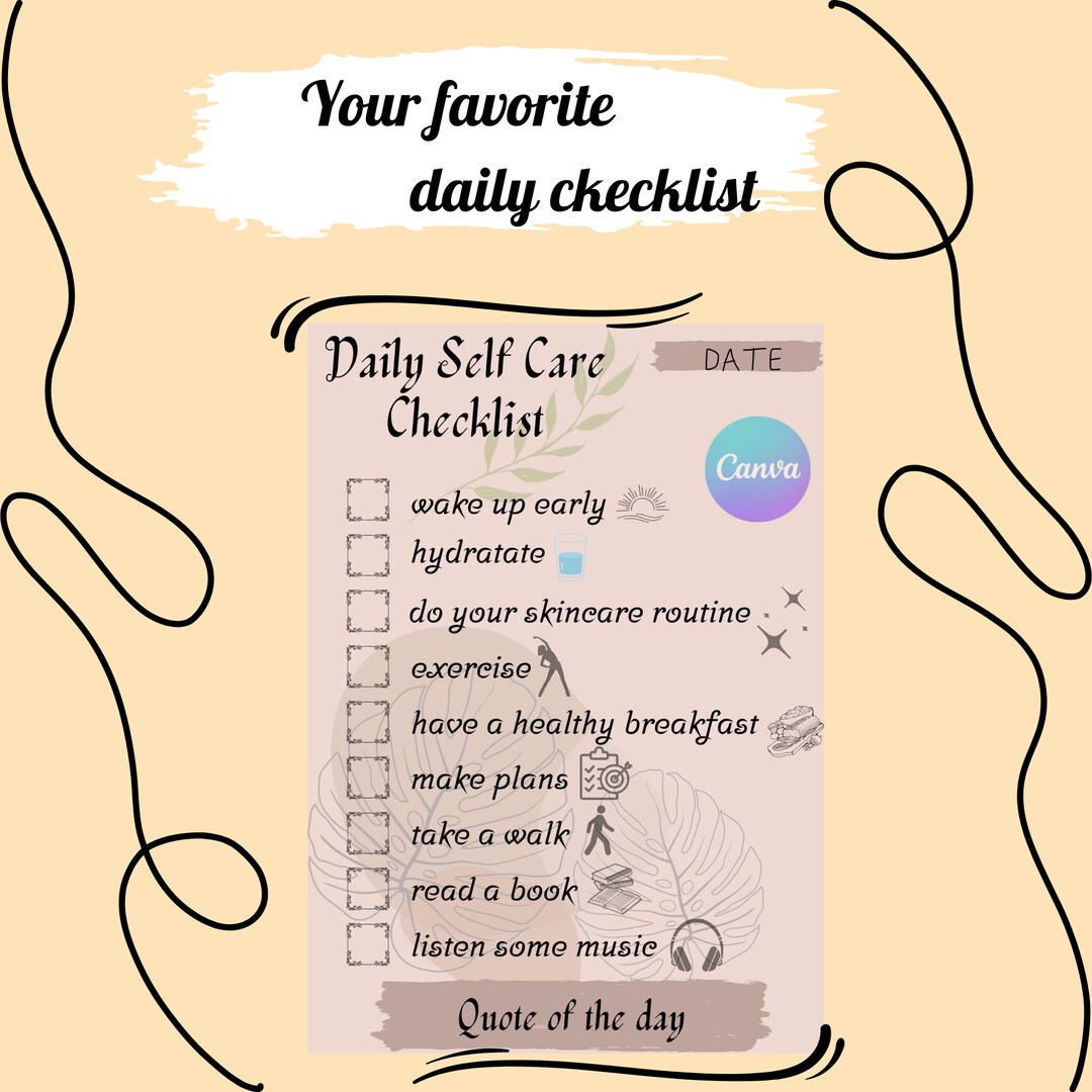 Daily Self Care Checklist Template, Canva Checklist Template, Printable ...