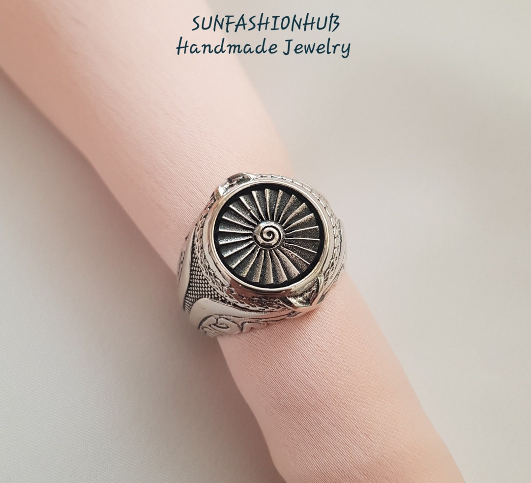 Plane Turbine Handmade Sterling Silver Men Signet Ring, Airplane Engine ...