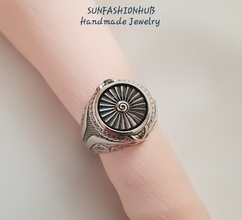 Plane Turbine Handmade Sterling Silver Men Signet Ring, Airplane Engine ...