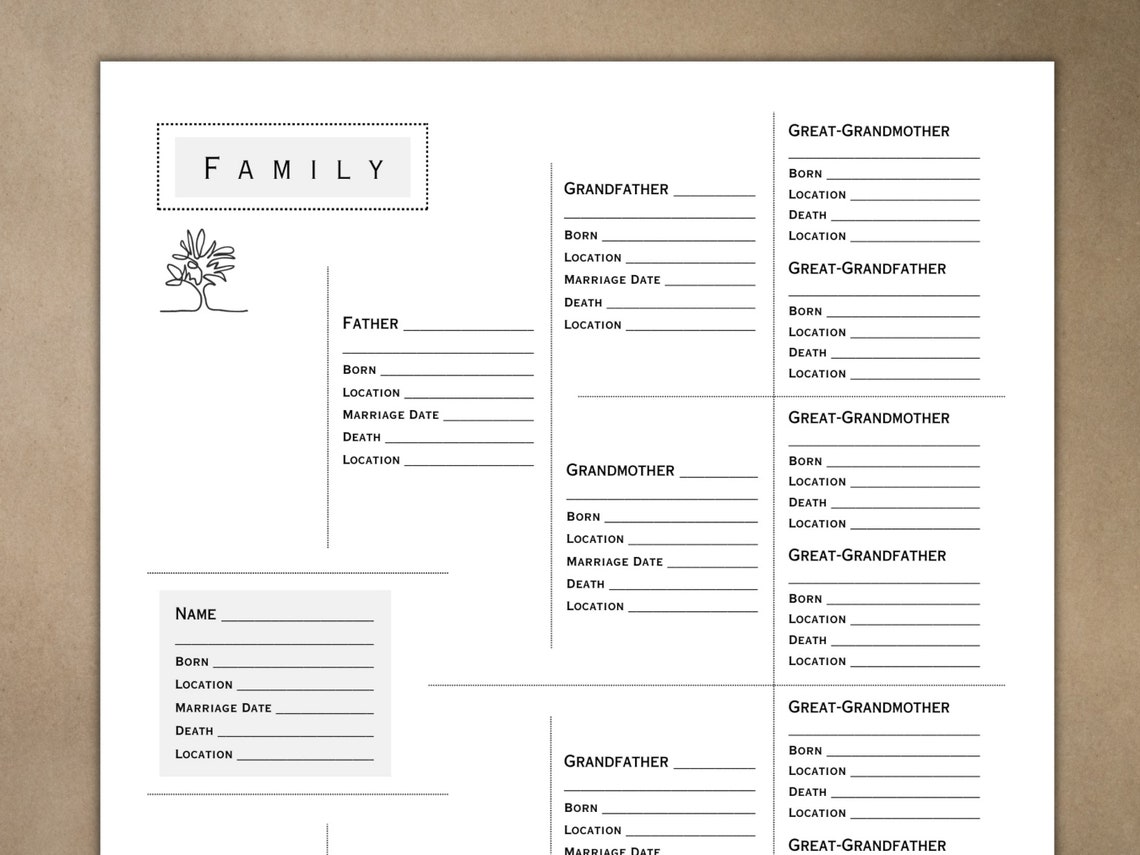 Blank Family Tree Chart Template, Family History, Pedigree Chart, Genealogy Chart, Ancestor ...
