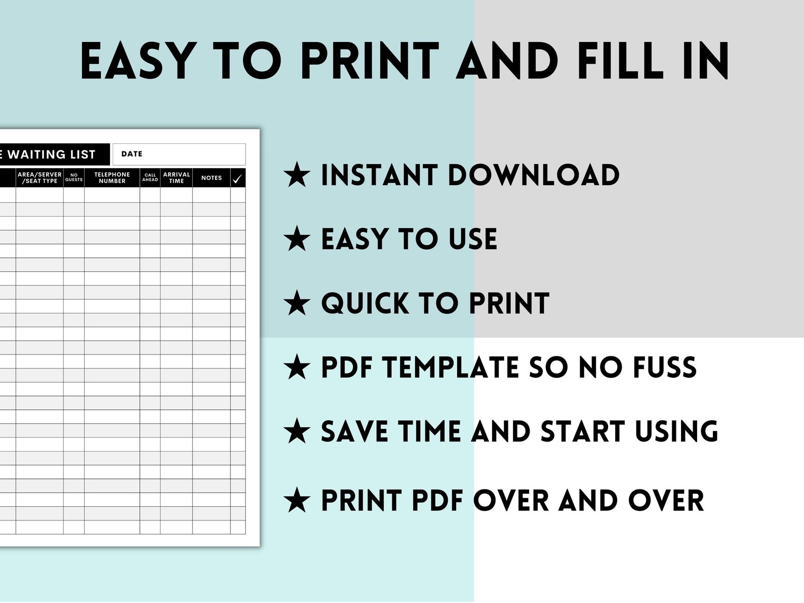 Printable Table Waiting List, Restaurant Table Waiting Form, Restaurant ...