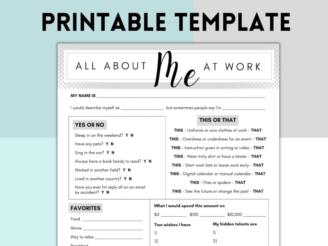All About Me at Work, Coworker Questions Printable, All About Me Survey ...