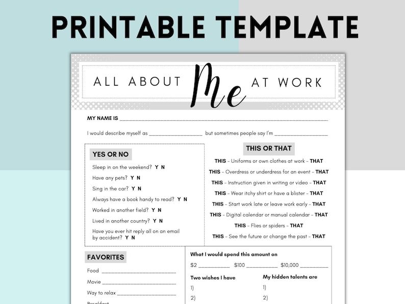 All About Me at Work, Coworker Questions Printable, All About Me Survey ...