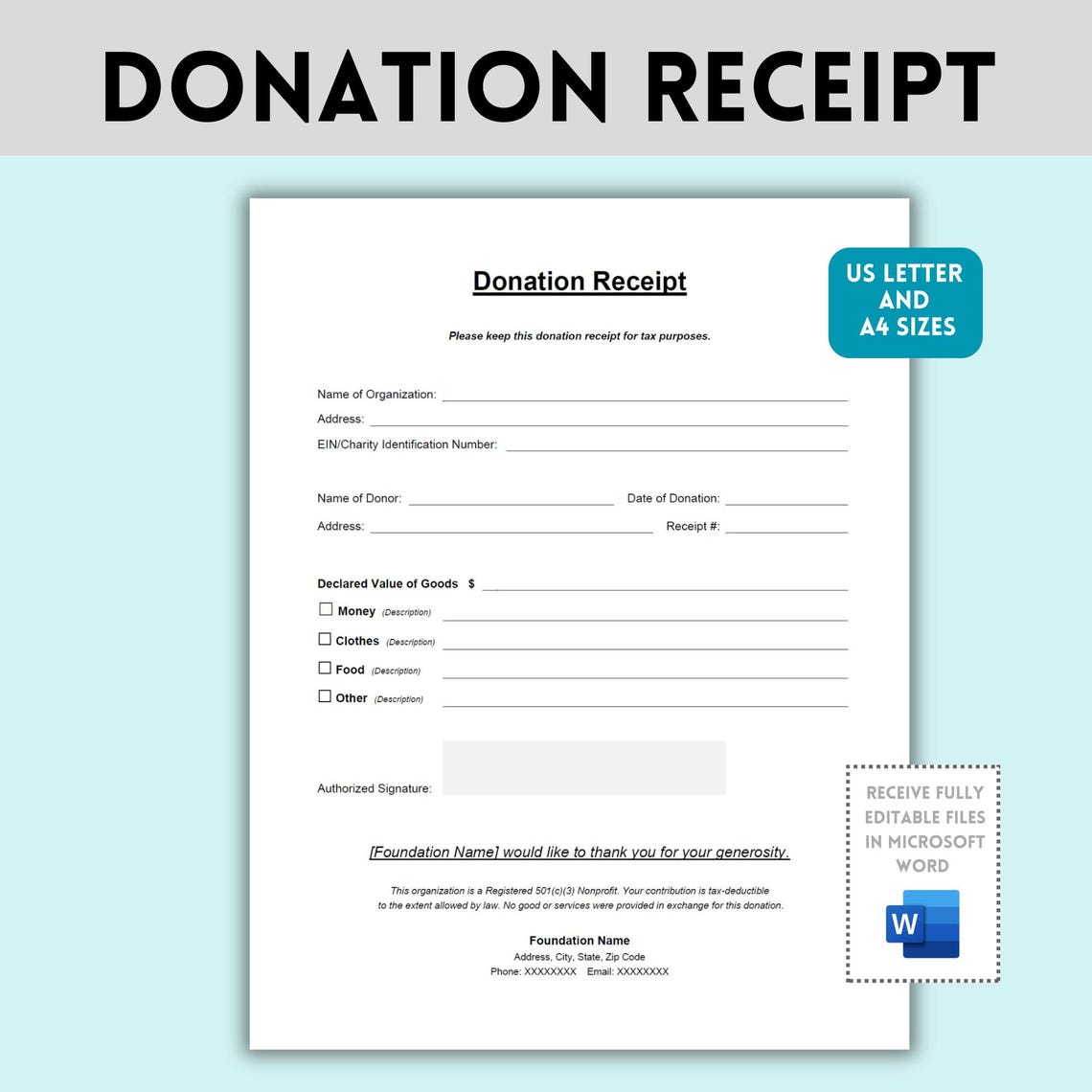 501(c)(3) Donation Receipt, 501(c)(3) Donation Receipt Template, 501(c ...