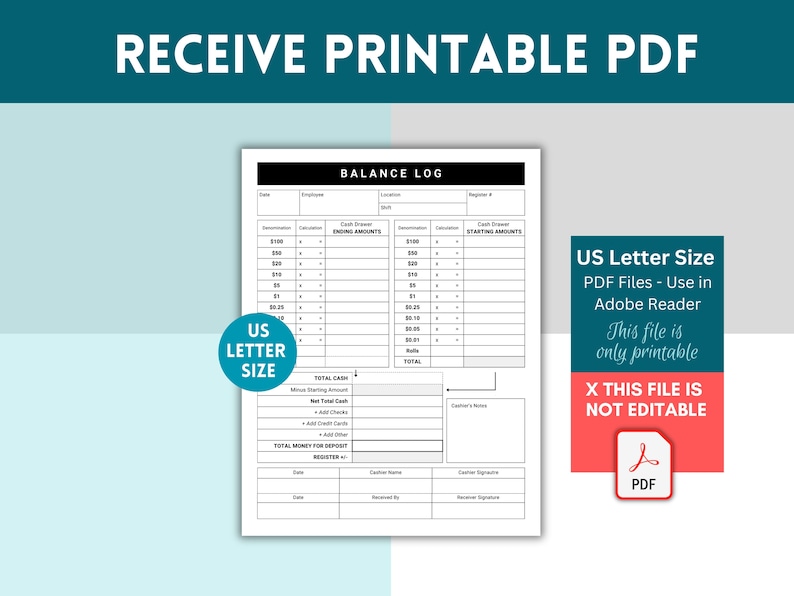 Cash Register Balance Sheet, Till Drawer Balance Log, Cash Drawer ...