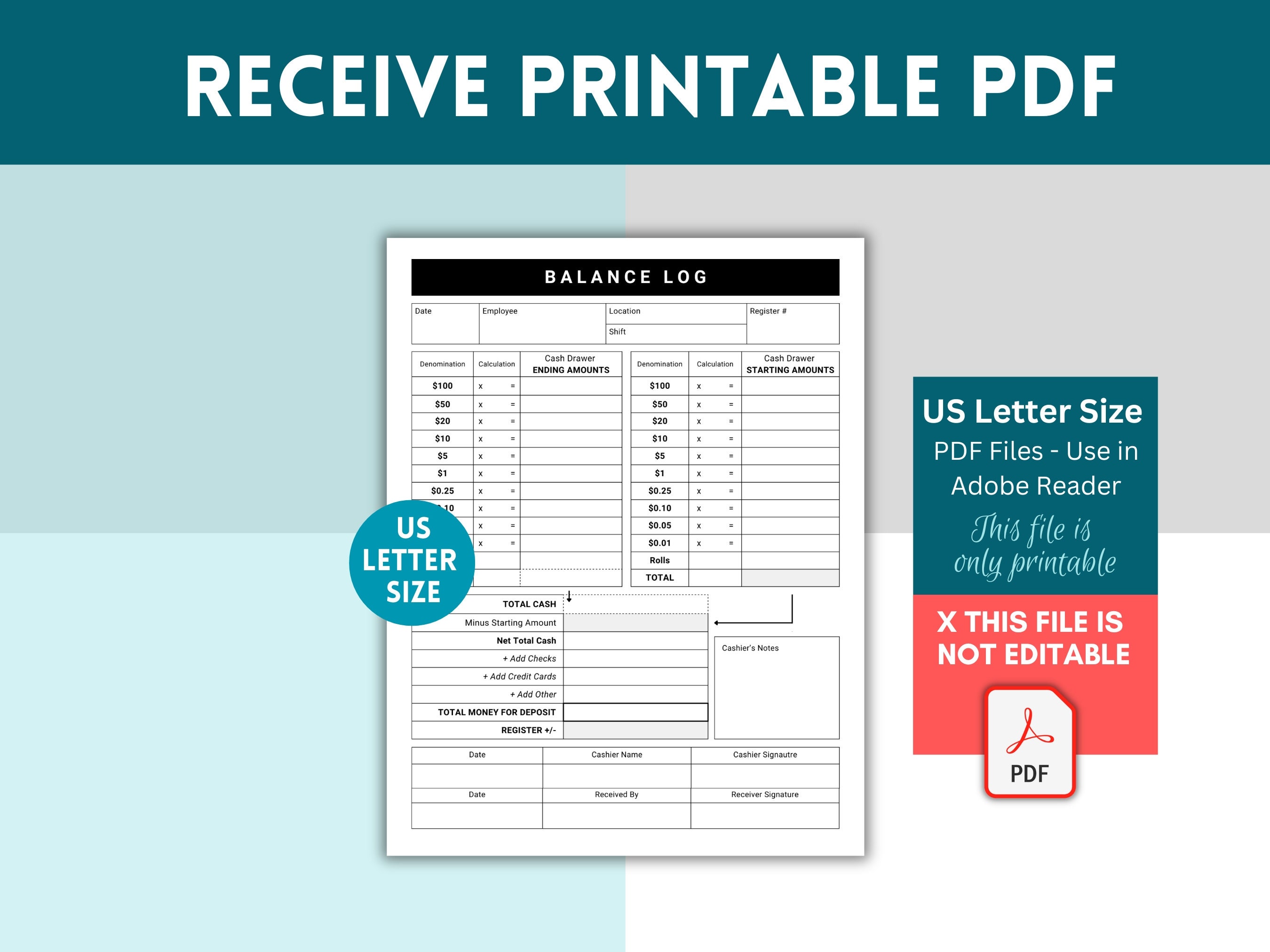 Cash Register Balance Sheet, Till Drawer Balance Log, Cash Drawer ...