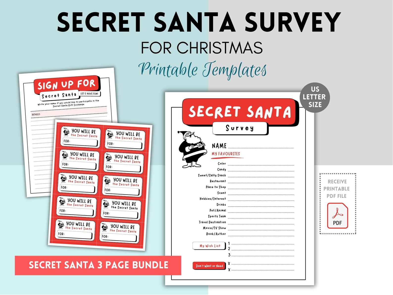 Printable Secret Santa Survey, Secret Santa for Coworkers, Secret Santa ...