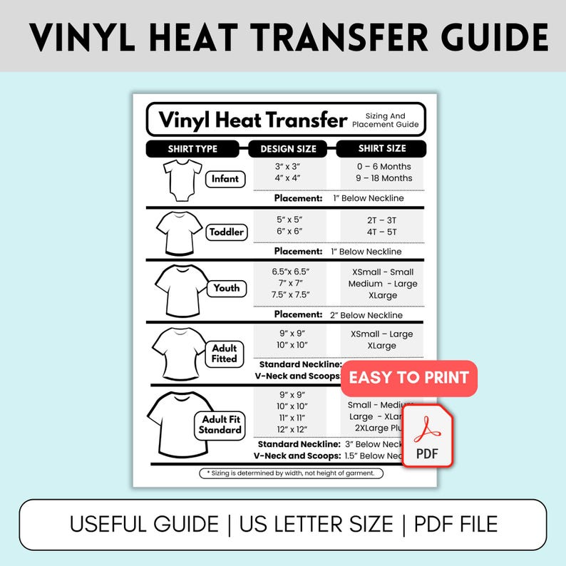 Heat Transfer Vinyl Sizing Guide, Printable HTV Sizing Guide, T-shirt ...