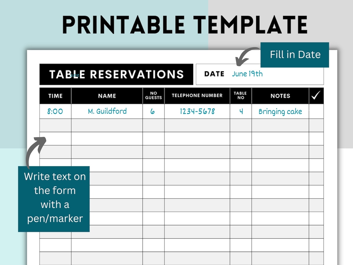 Printable Table Reservation List, Restaurant Table Reservation Form ... Printable Table Reservation List, Restaurant Table Reservation Form ...