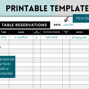 Printable Table Reservation List, Restaurant Table Reservation Form ...