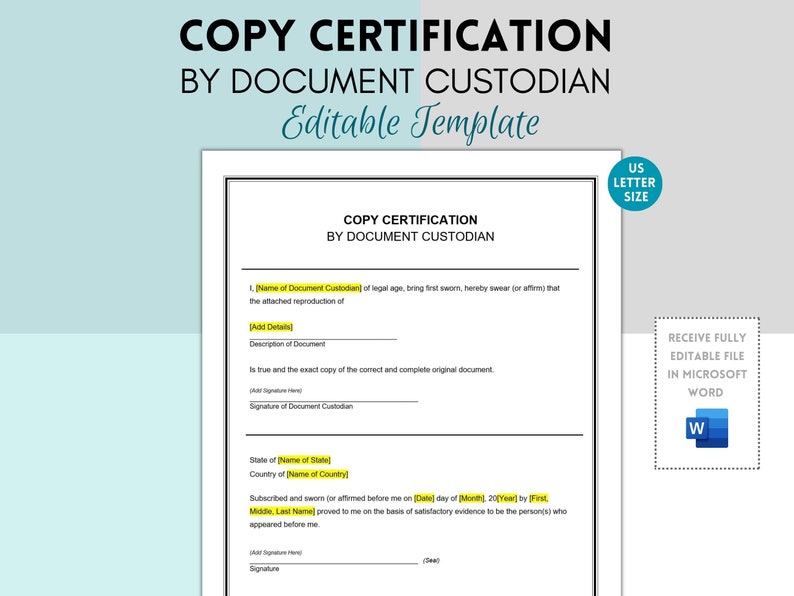 Copy Certification by Document Custodian, Certification Acknowledgement ...
