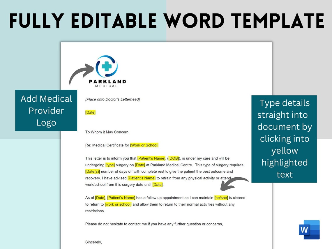 Doctor's Note, Doctor's Letter, Medical Certificate, Printable Medical ...