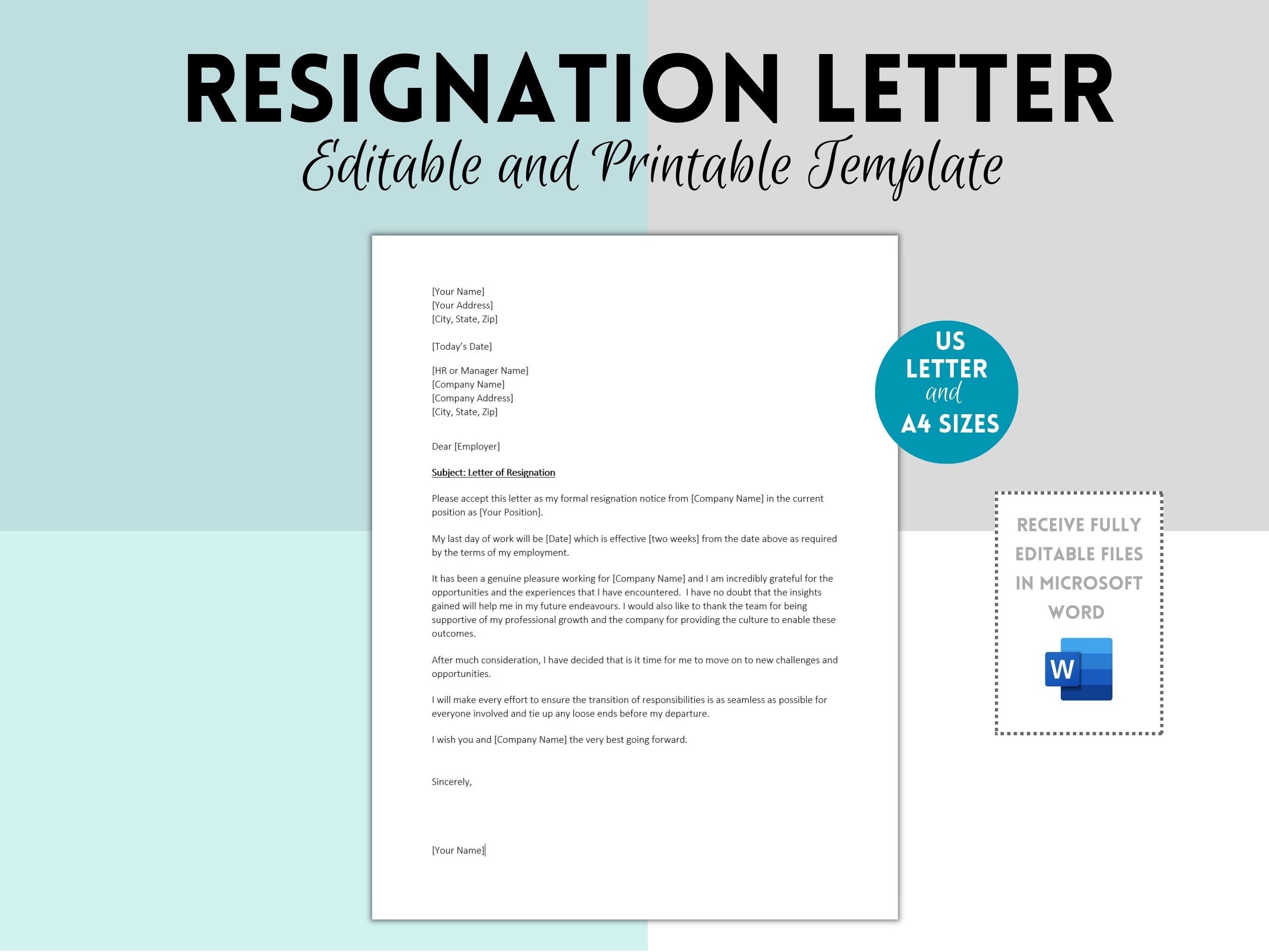 Professional Resignation Letter Editable Microsoft Word - Etsy