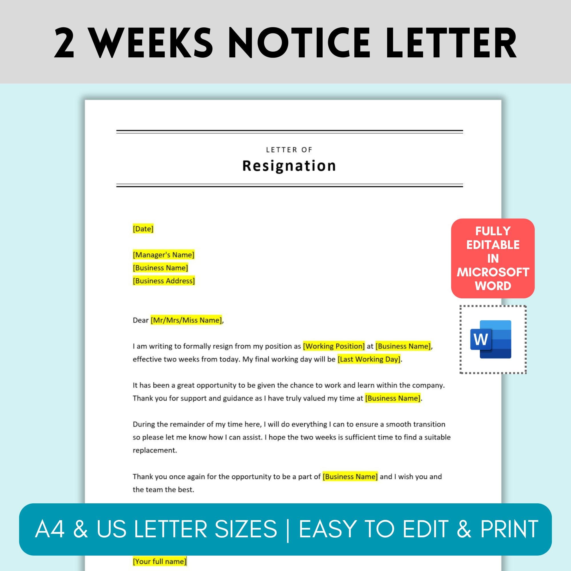 Two Weeks Notice Resignation Letter Template, 2 Weeks Notice Work ...