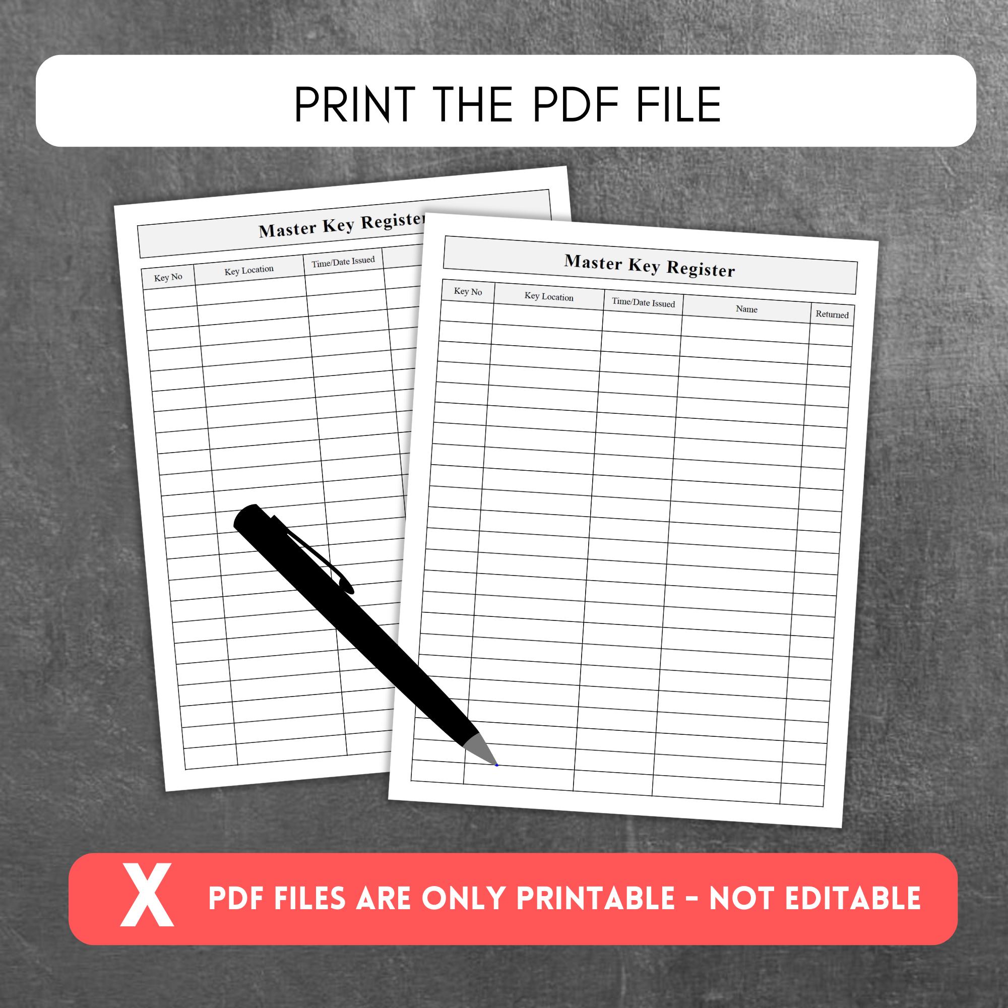 Master Key Log, Master Key Register, Master Key Record, Key Tracking ...