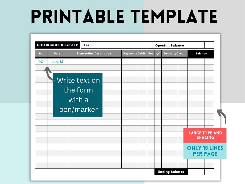 Printable Large Print Checkbook Register, Finance Tracker, Check ...