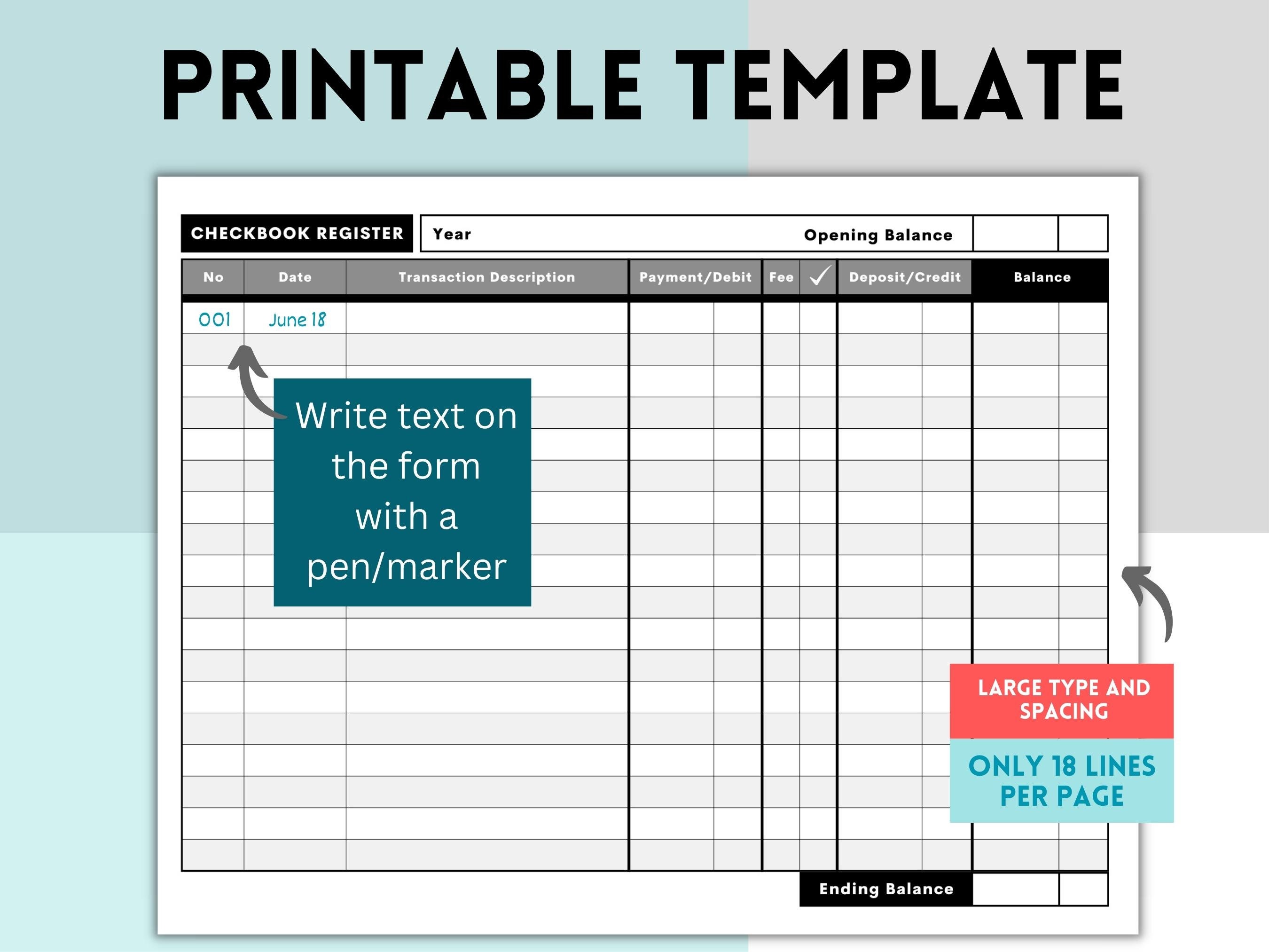 Printable Large Print Checkbook Register, Finance Tracker, Check ...