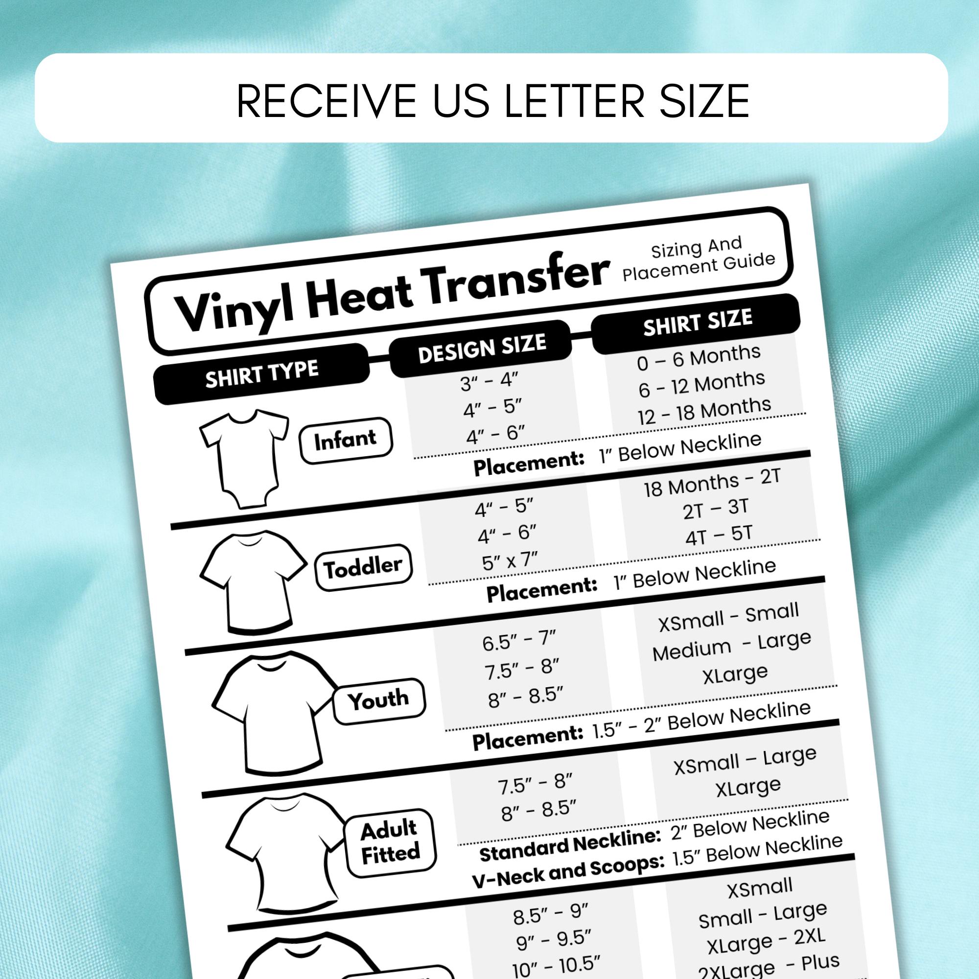 Heat Transfer Vinyl Sizing Guide, Printable HTV Sizing Guide, T-shirt ...
