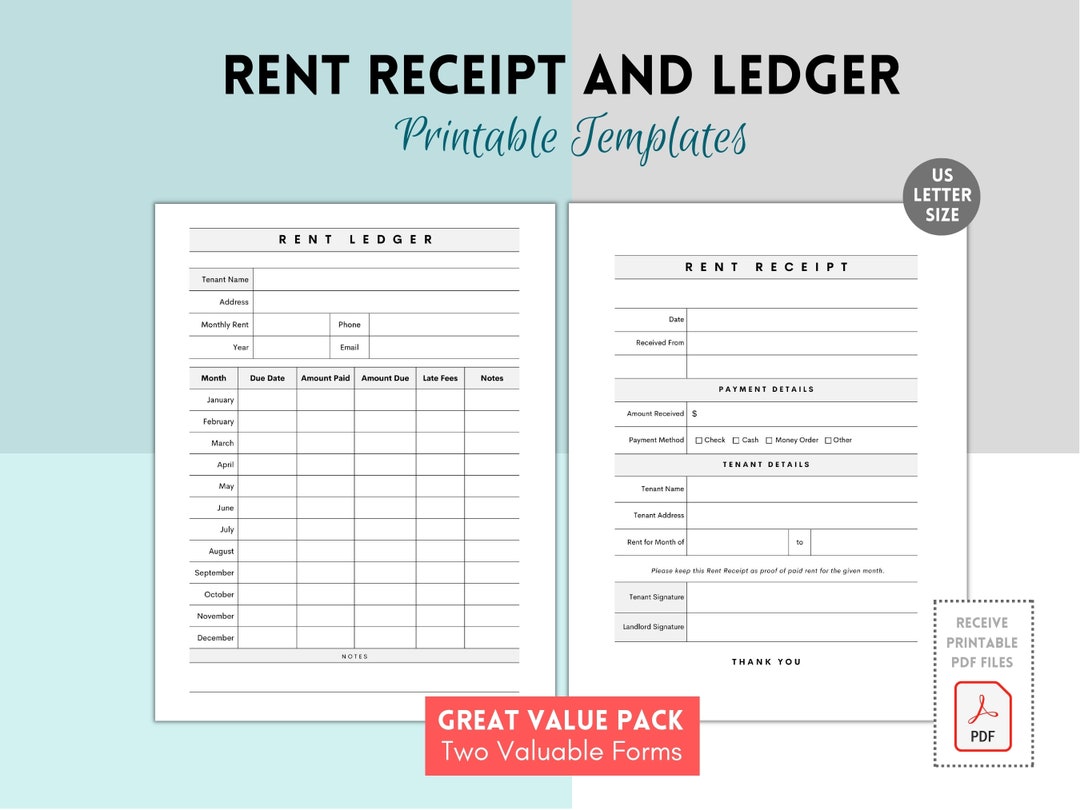 Simple Printable Rent Receipt and Rent Ledger, Cash Receipt, Rental ...