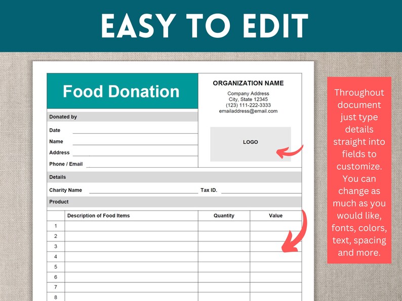 Food Donation Receipt, Donation Receipt, Donation Receipt Template, Non ...