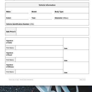 Vehicle Bill of Sale, Vehicle Sale Form, Car Sale Form, Form, Motor ...