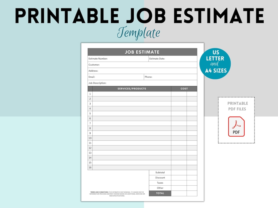 Printable Estimate Form. Business Job Estimate. Easy and Simple Job ...