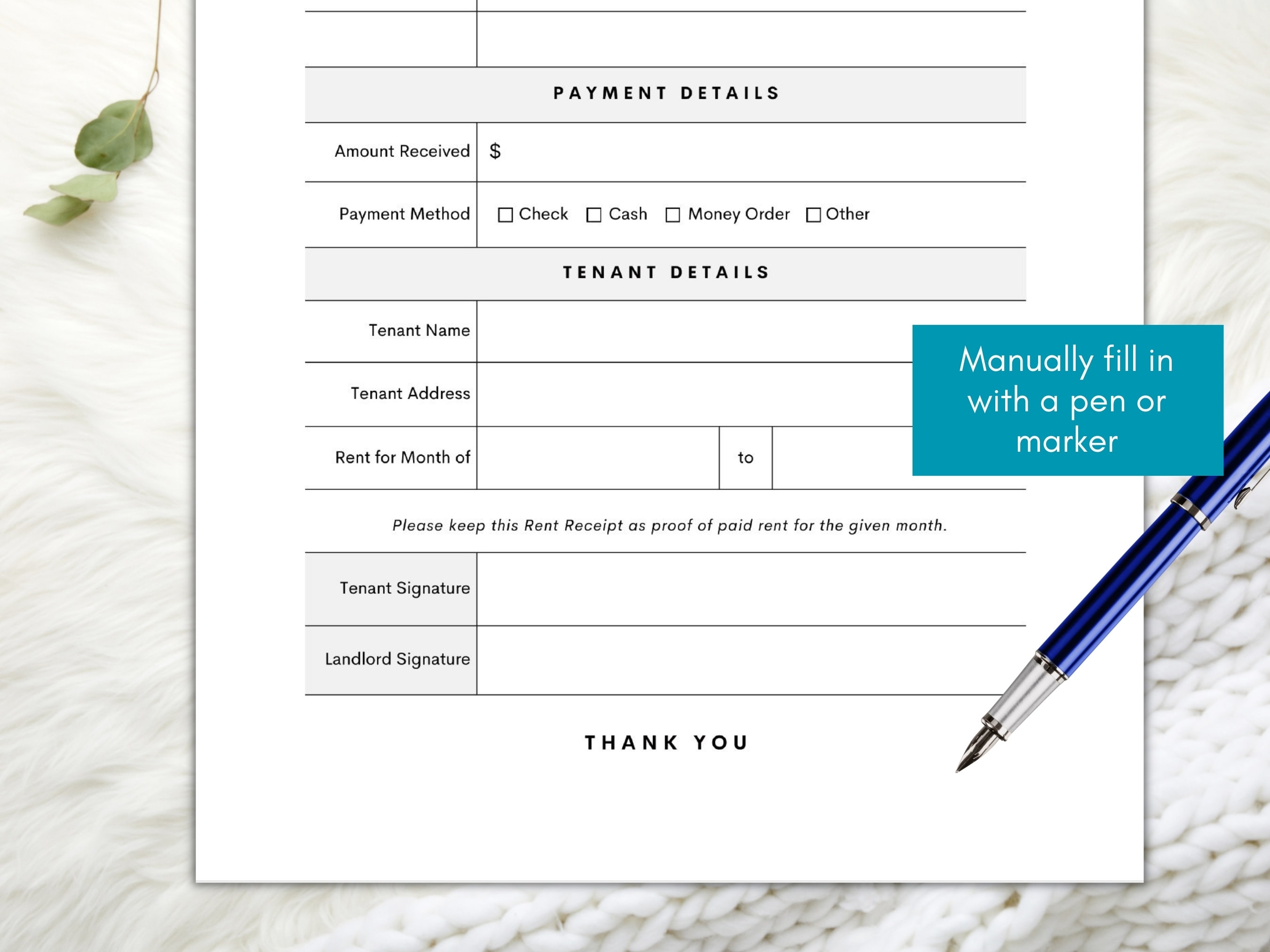 Simple Printable Rent Receipt and Rent Ledger, Cash Receipt, Rental ...