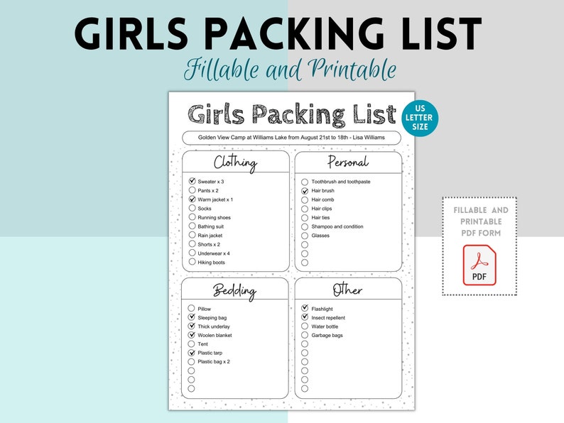 Editable Girls Camp Packing List, Girls Camping Packing Checklist, Girl ...