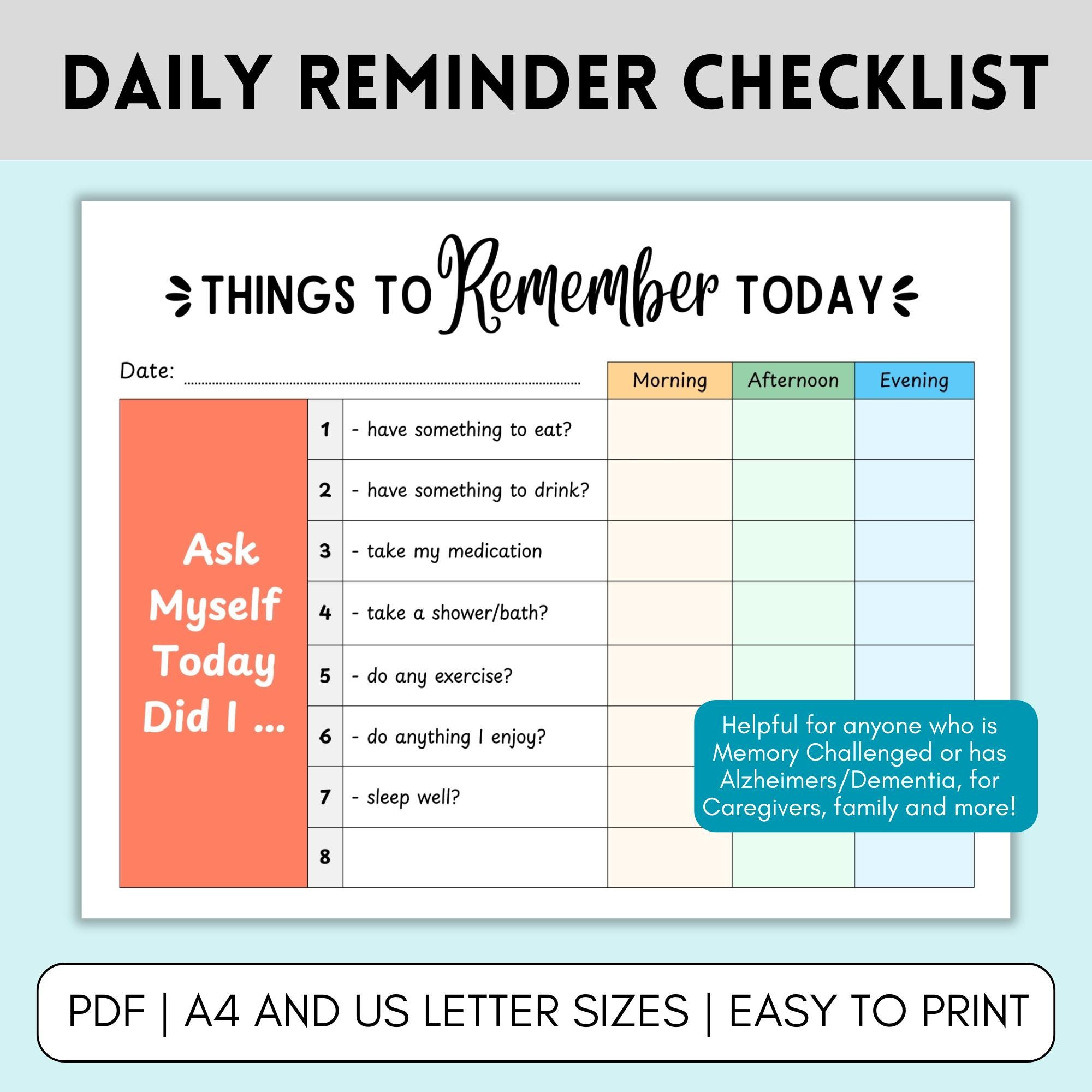 Printable Daily Reminder Checklist, Dementia Daily Tracker Log, Journal ...