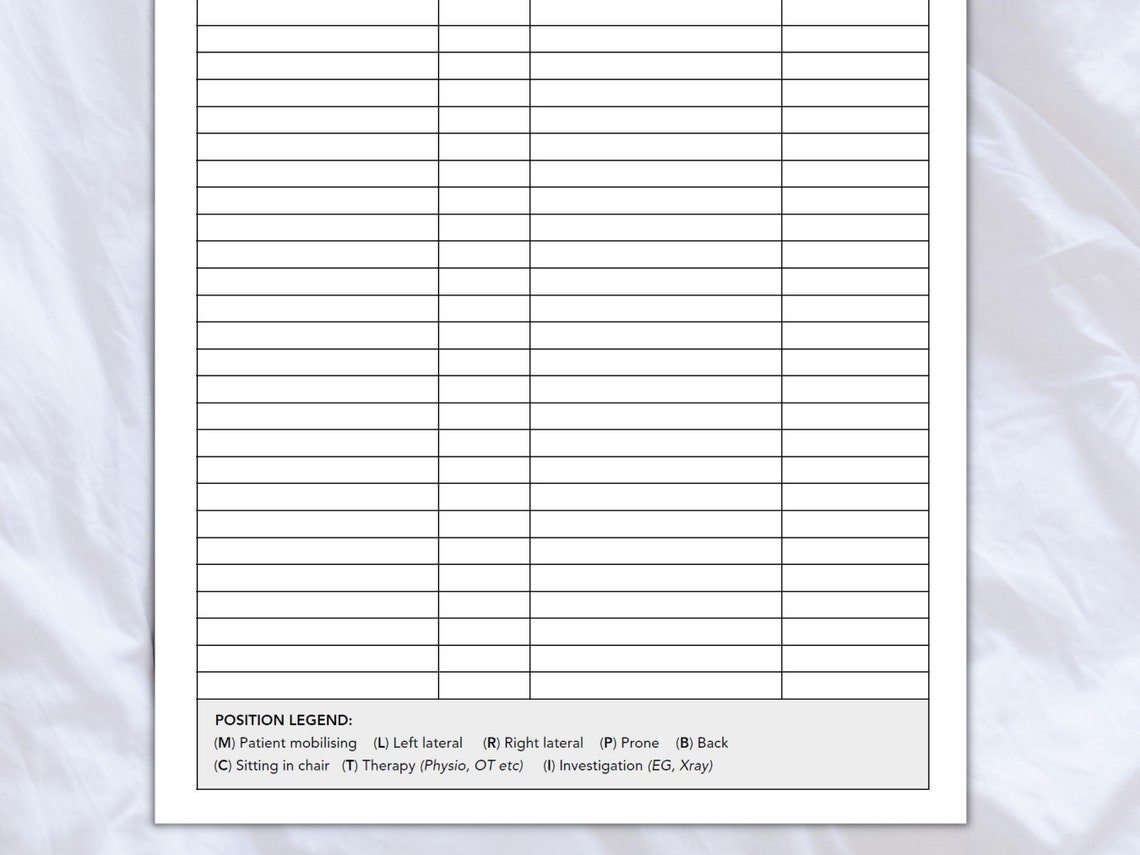 Patient Positioning and Turn Chart, Patient Repositioning Chart ...