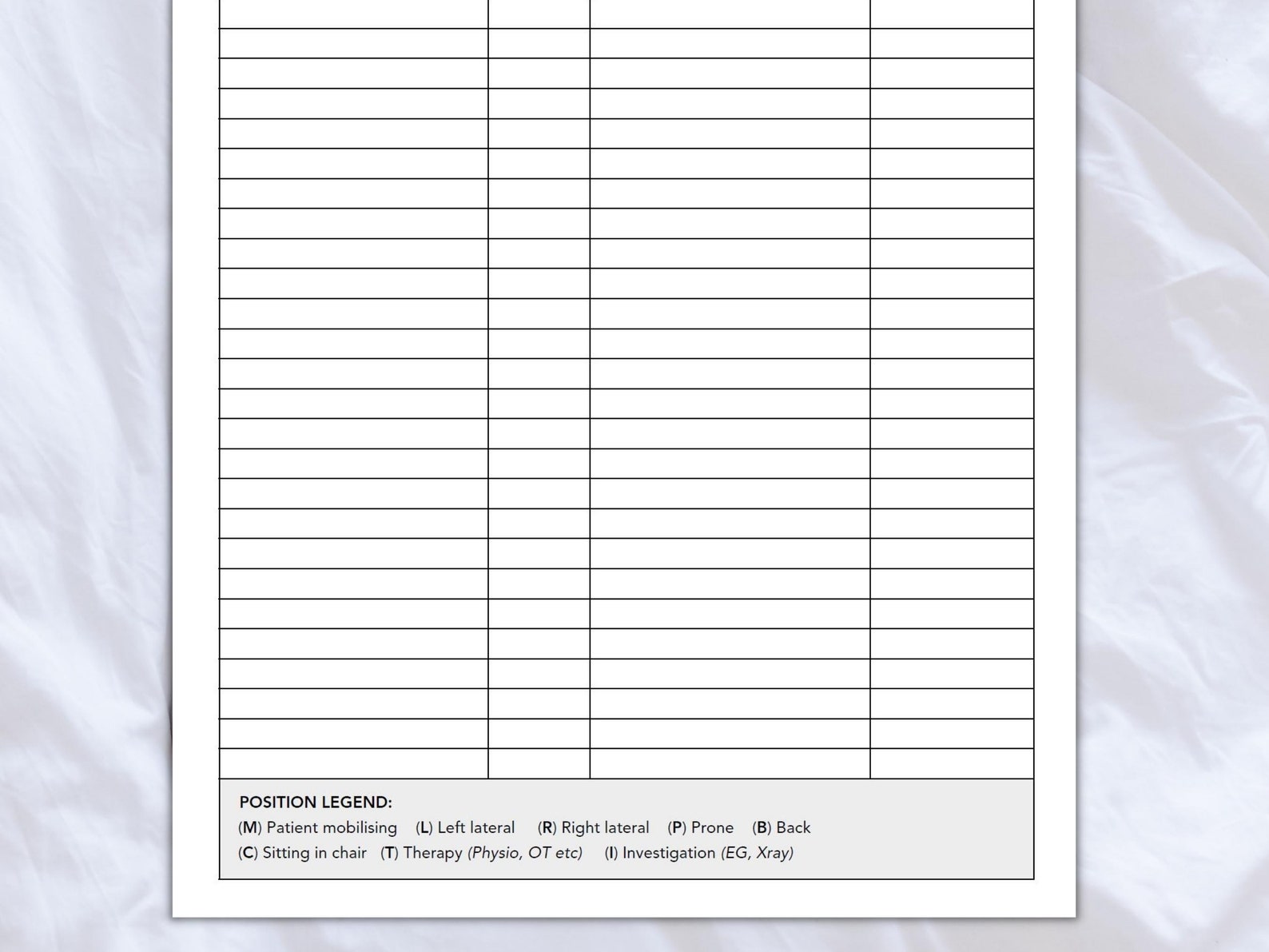 Patient Positioning and Turn Chart, Patient Repositioning Chart ...