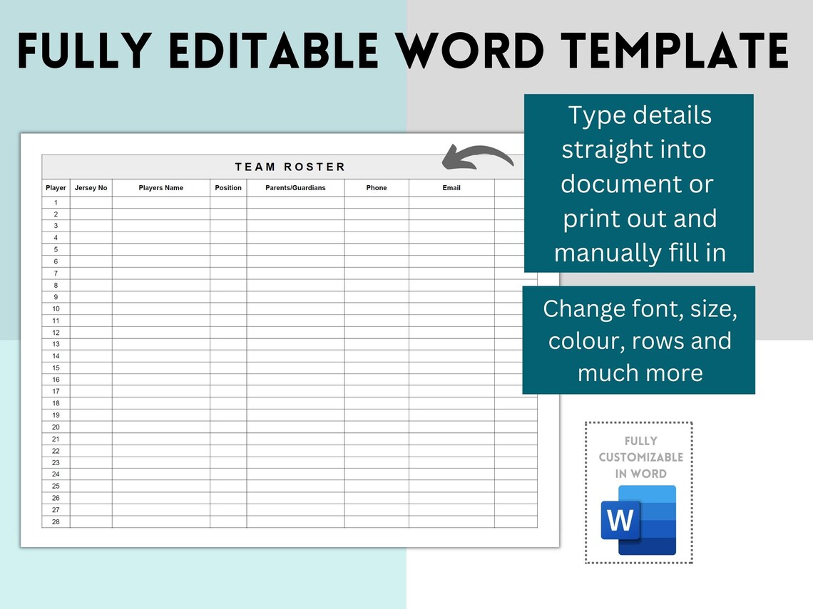 Editable Team Roster Template: Sports Roster (PDF, Word) - Etsy